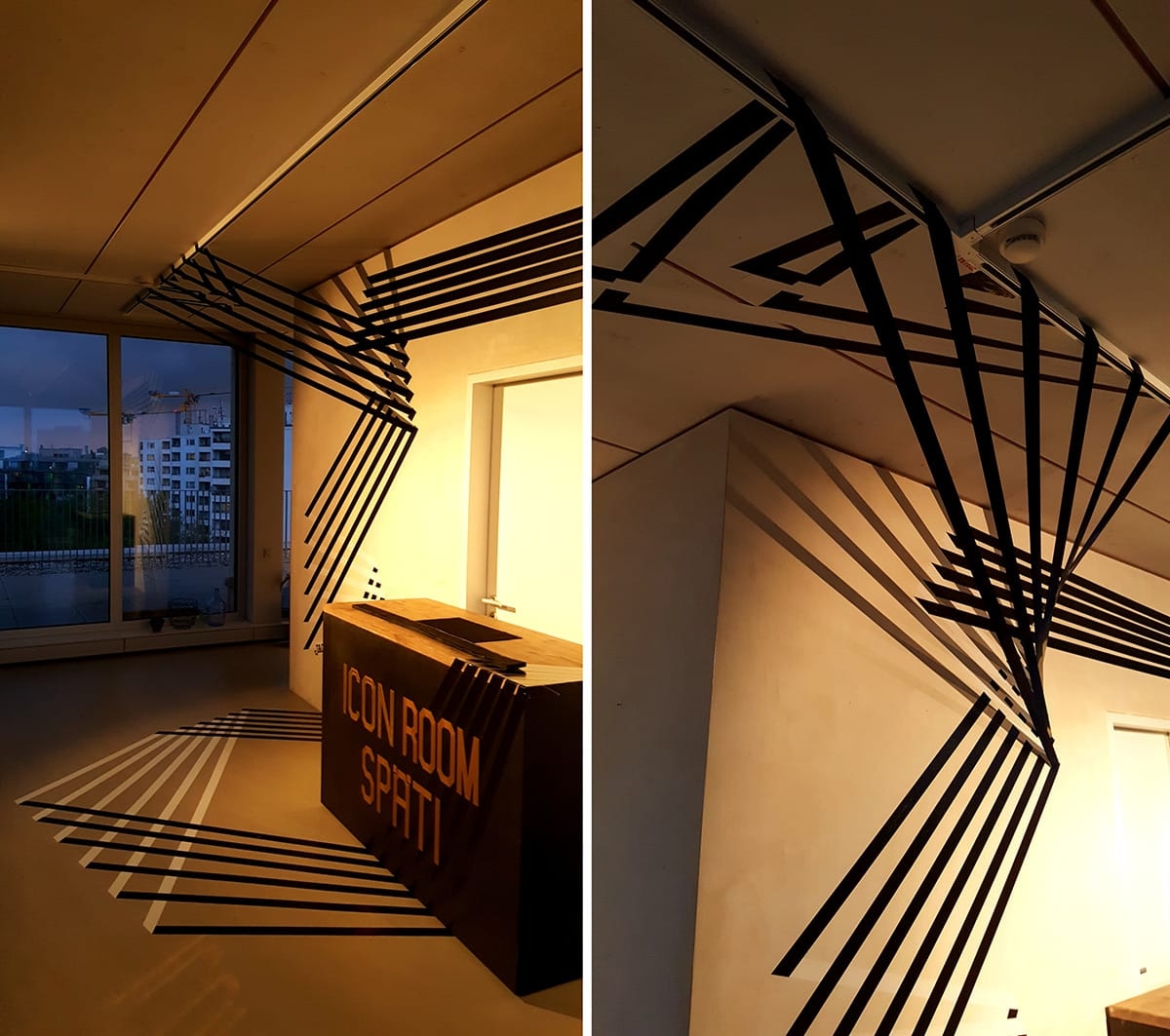 Three-dimensional abstract duct tape lines installation