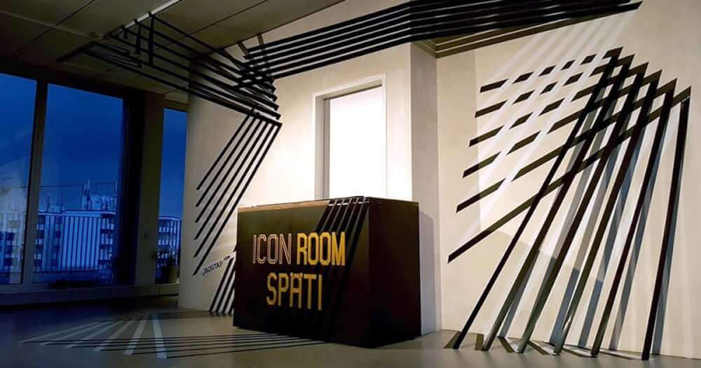 Three-dimensional abstract duct tape lines installation